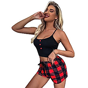 SOLY HUX Womens Pajama Set 2 Piece Lounge Sets Soft Sleepwear Cami Crop Top and Plaid Shorts Nightwear Red Black Plaid S