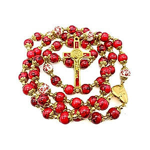 Nazareth Store Saint Benedict Red Rosary Beads Catholic Necklace Flowers Mystery Bead Miraculous Medal Locket Cross Prayer Rosarios Catolicos