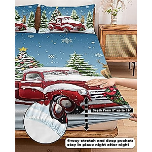 Full Size Fitted Sheet Bed Set Winter Christmas Farm Red Truck Deep Pocket Soft Bottom Sheets&Pillowcases for Bedroom Decor Snowflake Xmas Tree on Blue,Fits Mattress Up to 16" Deep