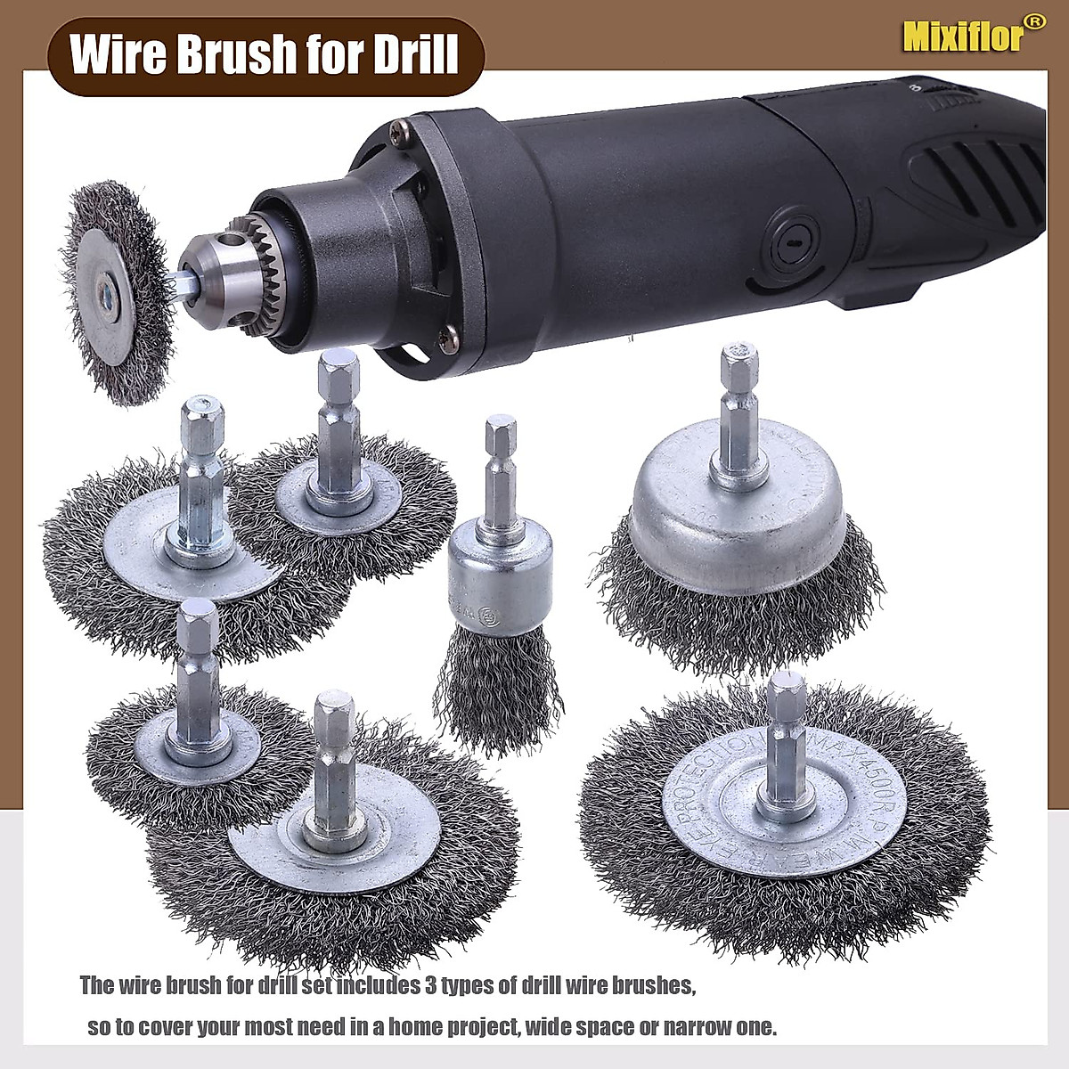 Mixiflor Wire Brush for Drill, 8 Pcs Wire Wheel Brush Cup Set, Wire Wheel for Drill 1/4 Inch Arbor, Drill Wire Brush Cup Brush for Cleaning Rust, Wire Wheel Brush Drill Attachments
