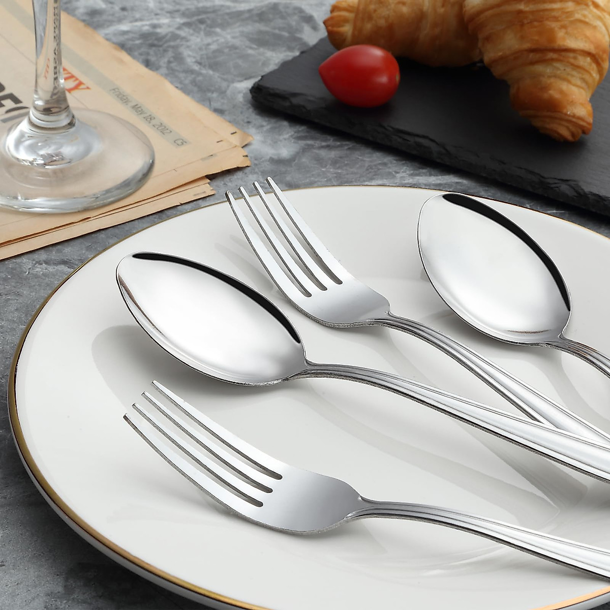 24 Pcs Forks and Spoons, Unokit Forks and Spoons Silverware Set, Food Grade Stainless Steel Silverware Set, 12 Dinner Spoons and 12 Dinner Forks, For Home/Kitchen, Mirror Polished and Dishwasher Safe