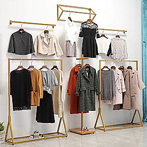 MDEPYCO Simple Fashion Rolling Garment Rack with Wheels,Commercial Grade Heavy Duty Metal Clothing Racks,Entryway Organizer Storage Shoes Bags Clothes Shelf (Gold Square Tube,47.2" L)
