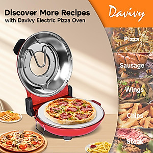 Upgrade Davivy 12" Indoor Electric Pizza Oven with Timer & Stone & Grill Pan, Countertop Pizza Oven Heats up to 800˚F, Portable Indoor Pizza Oven Cooker Countertop, Electric Indoor Pizza Cooker -Red
