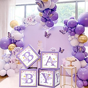 DataMoon Purple Butterfly Baby Shower Boxes Decorations - 4 Purple Balloons Boxes with BABY Letter, Printed Letters,First Birthday Centerpiece Decor, Baby Blocks for Girl, Gender Reveal Backdrop