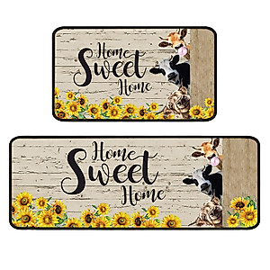 Sunflower Kitchen Rugs Cow Kitchen Mats for Floor 2 Piece, Anti Fatigue Floor Mat for Kitchen, Kitchen Floor Mats in Front of Sink and Kitchen Matt for Standing for Kitchen Decor 17"X30"+17"X47"