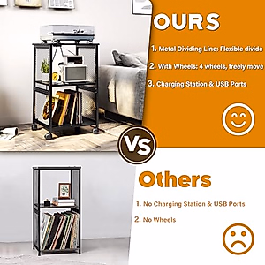 TC-HOMENY Vinyl Record Storage Table, 3-Tier Record Player Stand with 3 Quick-Release Divider Up to 200 Albums, Fashion Turntable Stand for Bedroom Living Room and Office