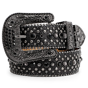 WERFORU Women Men Rhinestone Studded Western Leather Belt Ladies Vintage Bling Cowgirl Cowboy Waist Belt for Jeans Dress