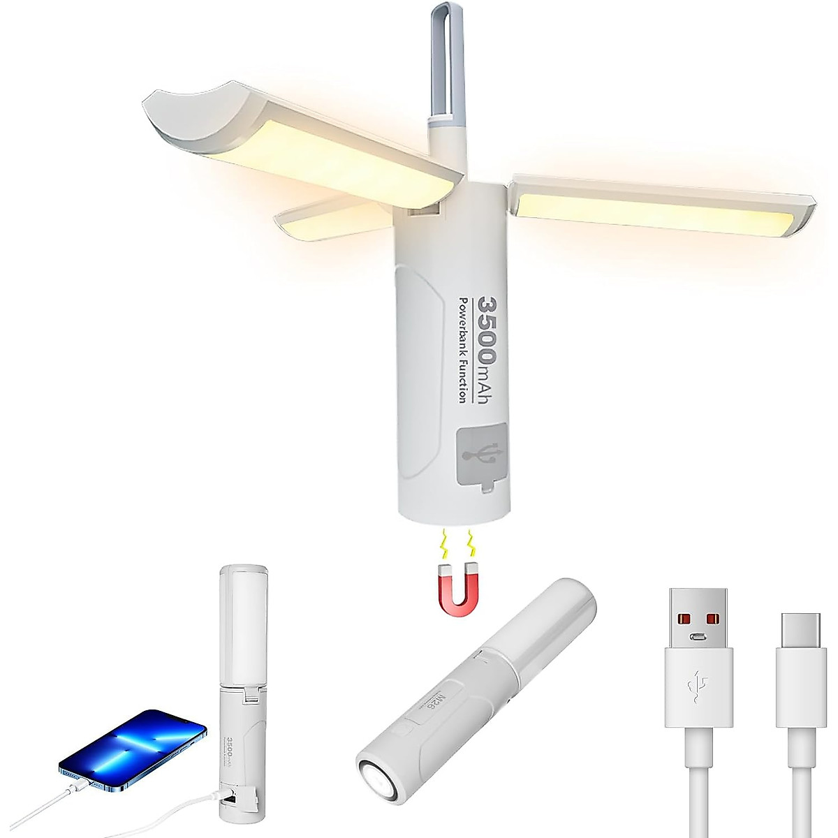 3in1 Camping Lantern Flashlight Rechargeable 3 Modes, 750LM, Portable Flashlight USB C, Strong Magnetic Multi Function Camping Lamp 3500mAh Foldable Led Tent Lights for Camping, Emergency, Hiking