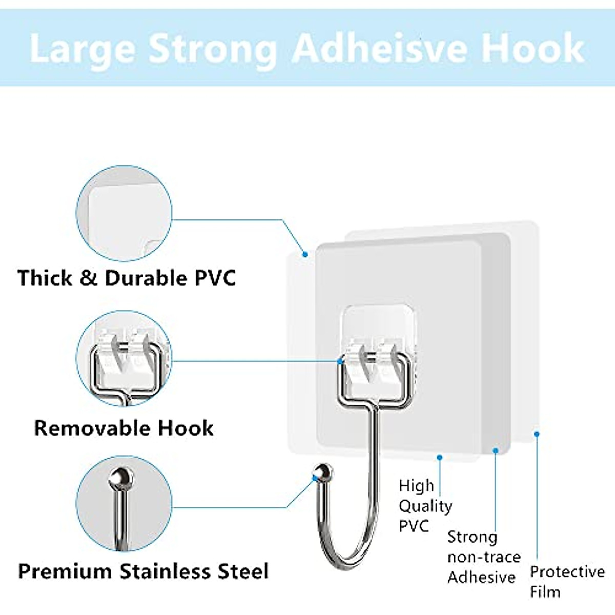 Aussido Large Wall Hooks for Hanging Heavy Duty 12 Pack Adhesive Hooks for Coat Towel Waterproof and Oilproof Sticky Hooks for Bathroom Kitchen(Transparent)
