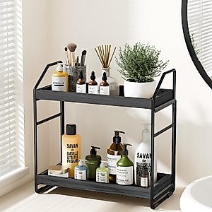HAMITOR Adjustable 2-Tier Bathroom Countertop Organizer: No Screws Quick Installation Solid Wood Vanity Trays Standing Cosmetic Storage Shelf for Bath Organization Decor - Bedroom Kitchen Spice Rack