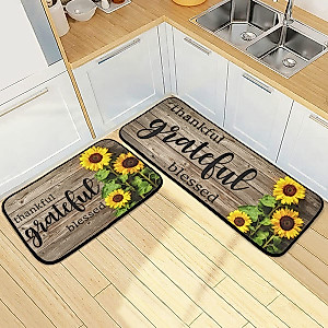 DOMIKING Fall Sunflowers Wooden Kitchen Rugs Non-Slip Kitchen Mat for Floor Farmhouse Kitchen Decor Accessories 2 PCS Anti Fatigue Rug Standing Mat Doormats
