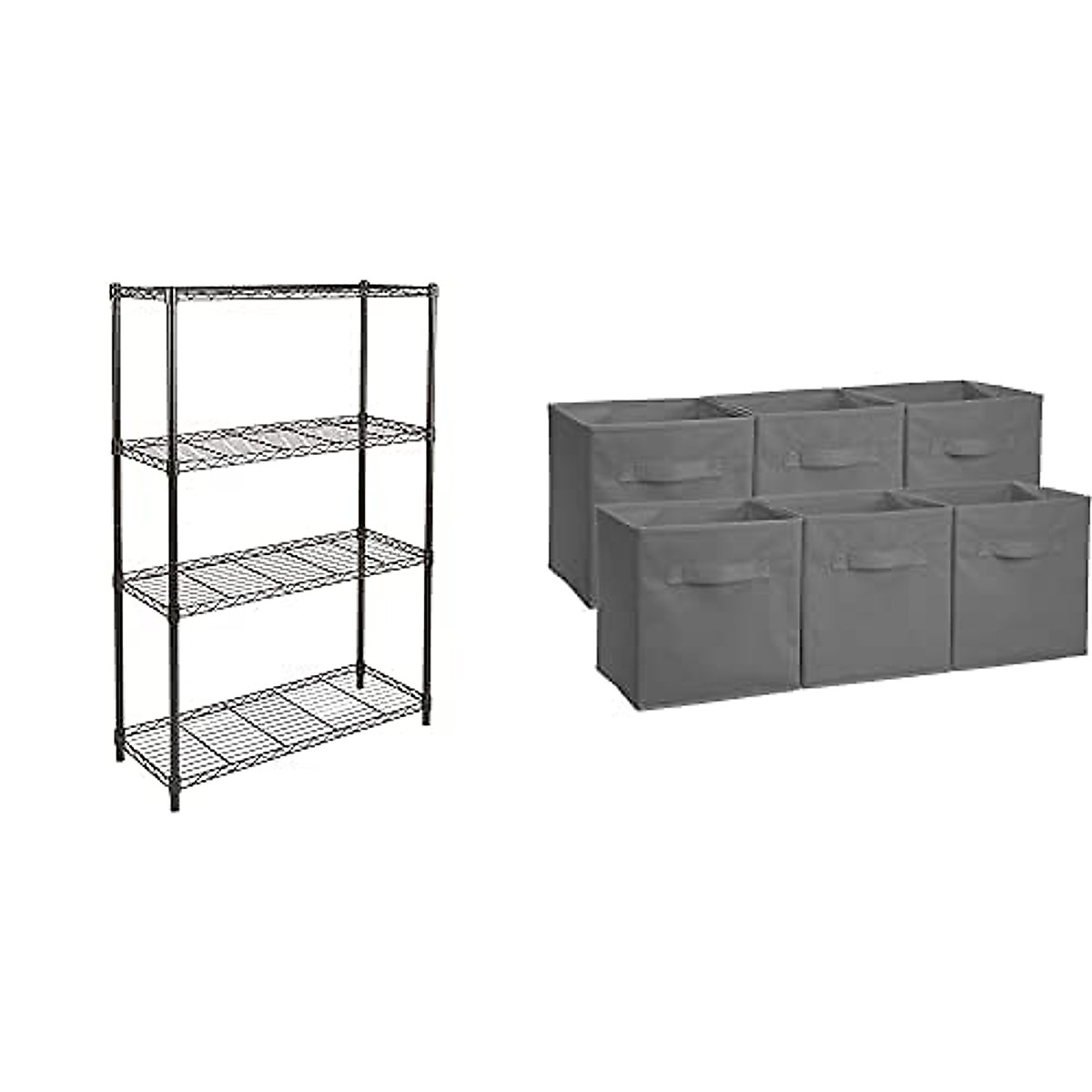 Amazon Basics 4-Shelf Adjustable, Heavy Duty Storage Shelving Unit, Steel Organizer Wire Rack, Black (36L x 14W x 54H) & Collapsible Fabric Storage Cubes Organizer with Handles, Gray - Pack of 6