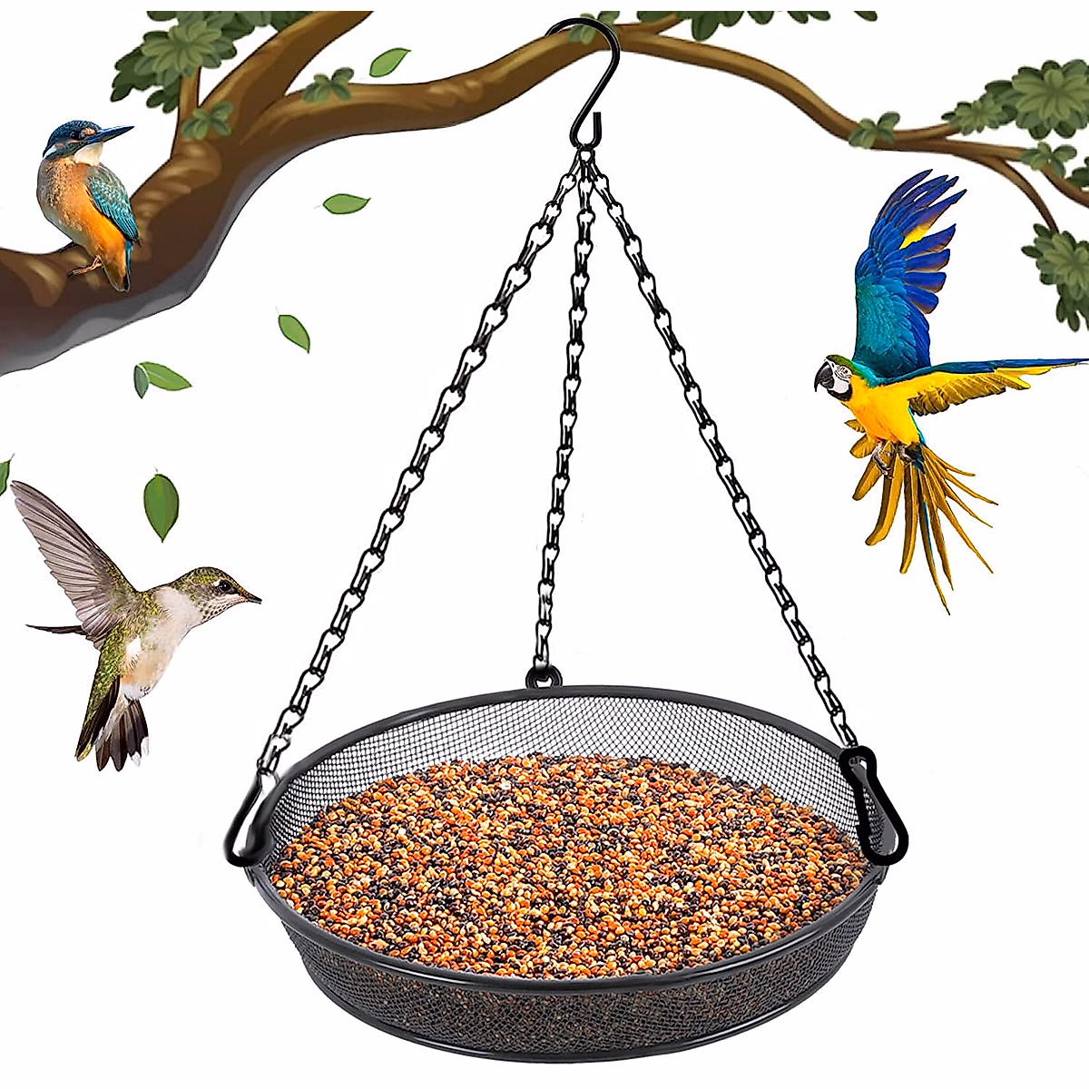 FLINTER Hanging Bird Feeder, Bird Feeder Hanging for Garden Yard Outside Hanging Bird Feeder Tray - Metal Mesh Platform Feeders for Birds Outside Outdoors Hanging for Attracting Birds - Genuine