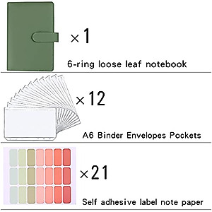 LXWHYP A6 Budget Binder with Cash Envelopes, Cash Saving Book Budgeting Planne PU Leather Notebook Binder with 12 PCS A6 Binder Pockets-Green Cash Stuffing Folder Envelope System
