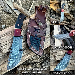 Handmade Tracker Knife Damascus Knife for Hunting Camping - 10 Inch Damascus Steel Hunting Tracker Knife with Horizontal Carry Sheath - Fixed Blade Survival tactical full tang Bushcraft Knife (Wenge & Padauk)