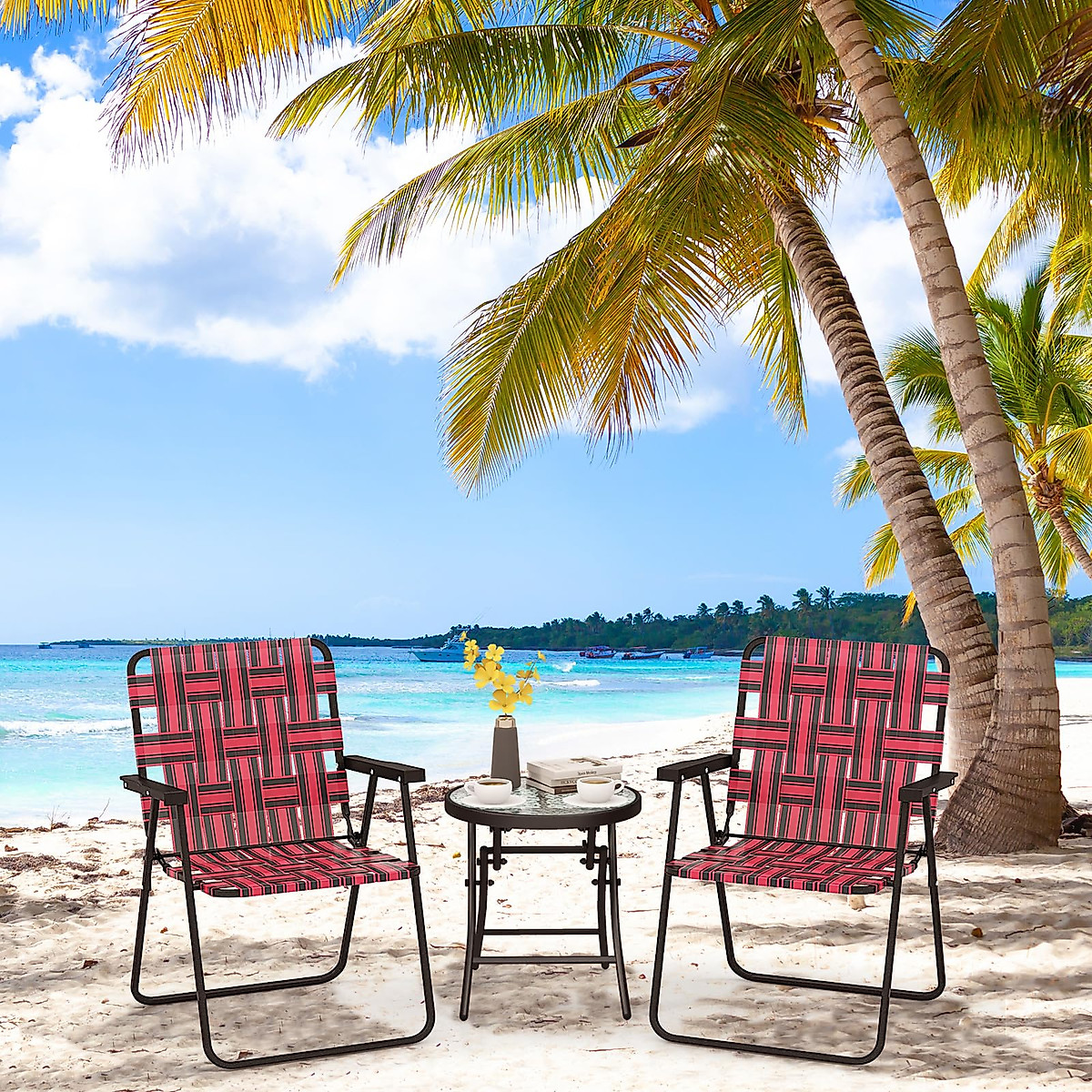 LDAILY Moccha Folding Chair Set of 6, Patio Lawn Chairs with Armrest, Sturdy Steel Frame, 6 Pack Portable Outdoor Chair, Webbed Lawn Beach Chair for Camping, Fishing, Patio, Garden, Bay, Yard, Red