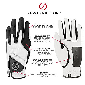 Zero Friction Men's Compression-Fit Synthetic Golf Glove - Universal Fit One Size (Pack of 6), Worn on Left Hand, White/Black/Grey/Blue