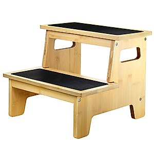 Kids Step Stools for Toddlers Bathroom Bamboo Wood Toddler Stepping Stool Kitchen Counter Sink Baby 2 Step Stool Foot Bed Stool for Adults Child Potty Training Toilet Stool, Natural with Pads