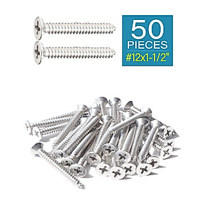 IMScrews 50pcs #12 x 1-1/2" (38mm) Stainless Flat Head Phillips Wood Screws 18-8 (304) Stainless Steel Countersunk Self Tapping Screws