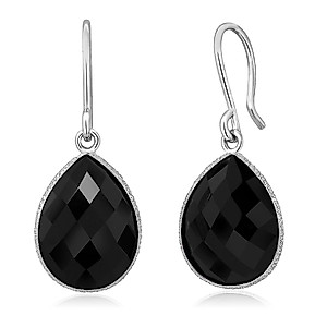 Gem Stone King 925 Sterling Silver Black Onyx Dangle Earrings For Women (13.00 Cttw, Gemstone Birthstone, Pear Shape 16X12MM)