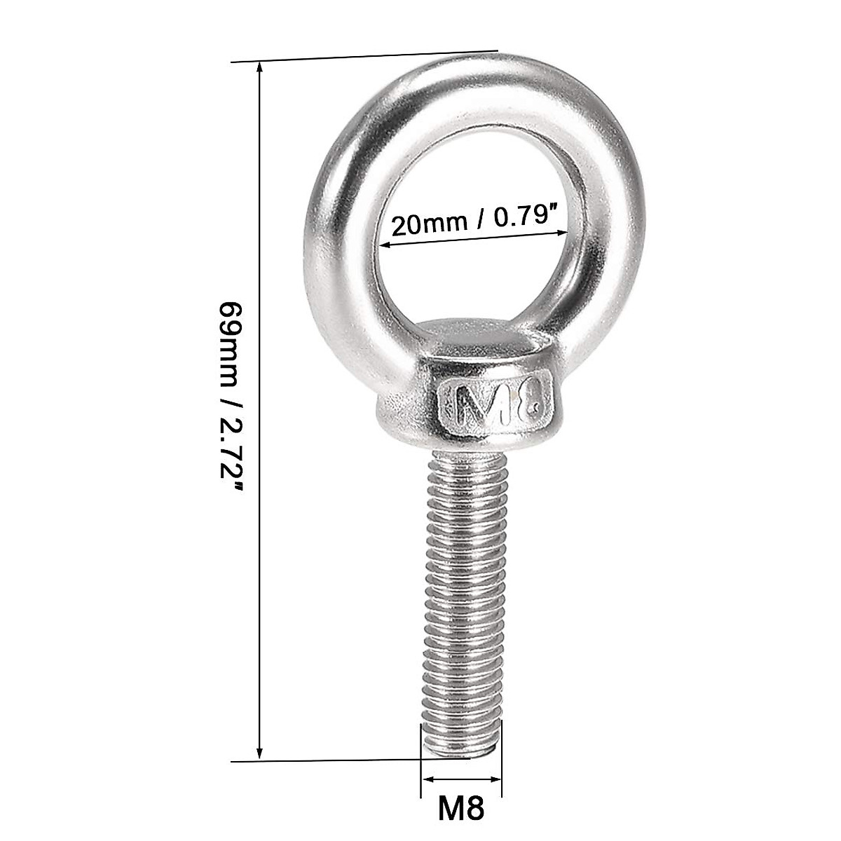uxcell Lifting Eye Bolt M8 x 30mm Male Thread 304 Stainless Steel for Hanging, Pack of 2