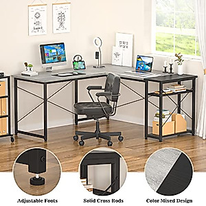 Foxemart L-Shaped Computer Desk, Industrial Corner Desk Writing Study Table with Storage Shelves, Space-Saving, Large Gaming Desk 2 Person Table for Home Office Workstation, Gray Oak and Black