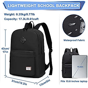 Kasqo Lightweight School Backpack, Large Capacity Water-Resistant Casual College Bookbag for Men Women Teen Girls Boys, Black