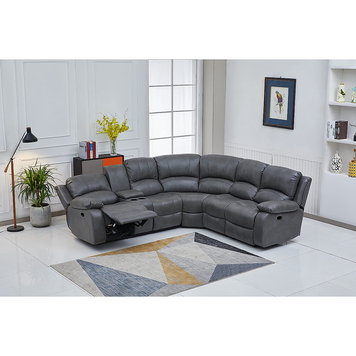 Betsy Furniture Bonded Leather Sectional in Multiple Colors, Sectional with 3 Reclining Seats, Console (Grey, Left Console Sectional)