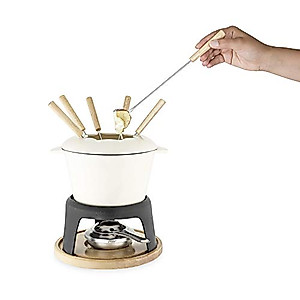 Twine Farmhouse Kitchen Enamel Cast Iron Fondue Set Cheese Melting Pot Metal Stand with Stainless Steel Forks and Chrome Gel Burner, 8.5", Off-Cream