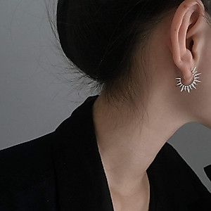 Punk Spike Sunlight Stud Small Hoop Earrings for Women S925 Sterling Silver Fashion Open Hoops Dainty Half Open Piercing Post Huggie Hoops White Gold Plated Cute Minimalist Hypoallergenic Jewelry Gifts Bff Birthday Mom (silver)