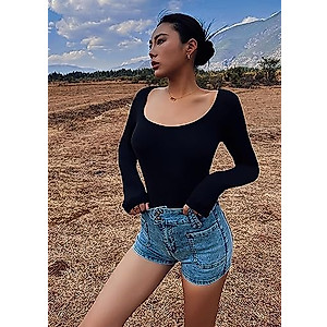 Chongbaijia 3 Piece Women's Square Neck Long Sleeve Bodysuit T shirts Body Suit Tops