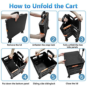 Foldable Utility Cart Folding Portable Rolling Crate Handcart with Durable Heavy Duty Plastic Telescoping Handle Collapsible 4 Rotate Wheels for Travel Shopping Moving Luggage Office Use (Black)