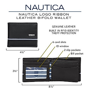 Nautica Mens Classic Leather Bifold Rfid (Available In Smooth Or Pebble Grain) Wallet, Logo Ribbon - Brown