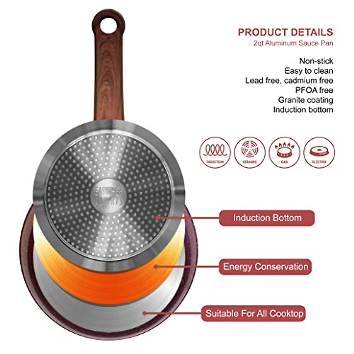 Easy chef always 2 Quart Saucepan with lid, Nonstick Small Sauce Pot with Granite Coating, Cooking Sauce Pan, Saucepan for Stove Top, Healthy Nonstick Pot with Lid, PFOA Free, Soup Pan Milk Pan, Red