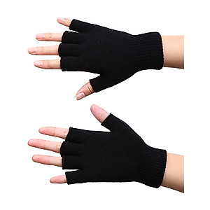 SATINIOR 4 Pairs Winter Half Finger Gloves Knitted Fingerless Mittens Warm Stretchy Gloves for Men and Women (Black, Grey, Blue)