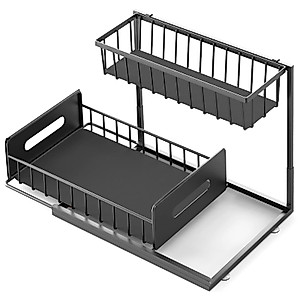 Tochek Under Sink Organizers and Storage, 2 Tier L-shaped Sliding Bathroom Organizer and Storage, Multi-purpose Pull Out Under Sink Organizer for Kitchen Bathroom, Black