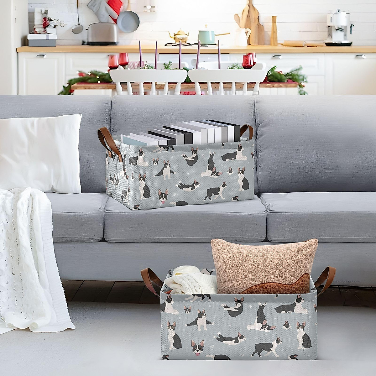 Exnundod Storage Bins Boston Terrier Pattern Collapsible Shelf Basket with Handles Yoga Dog Closet Organizers and Storage Bins with Metal Frames for Bedroom, Living Room Dorm,1PC