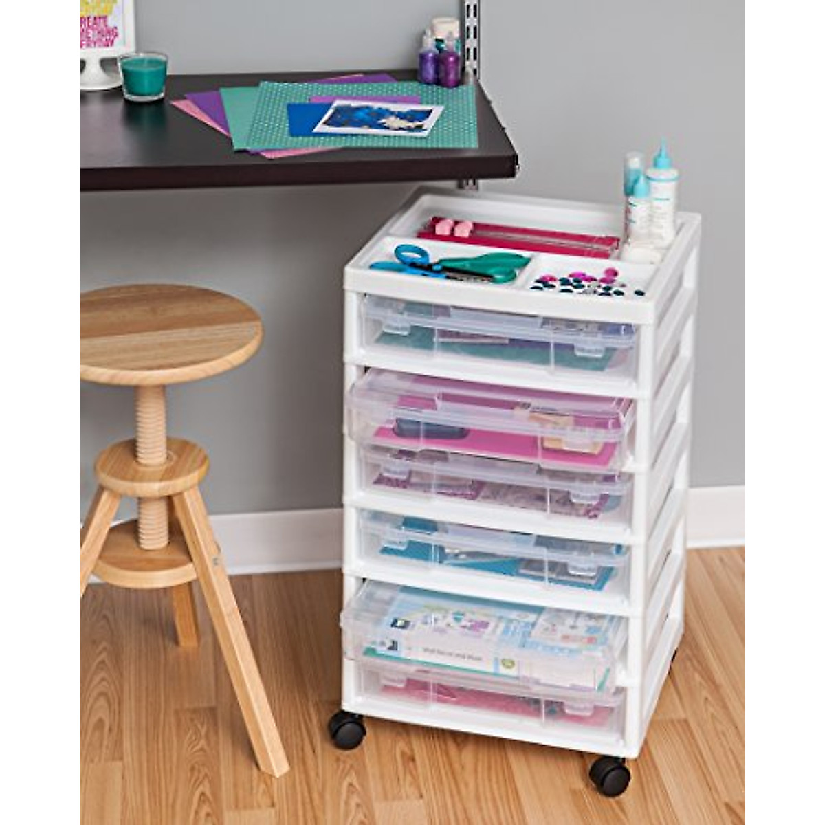 IRIS USA Fits 12" x 12" Paper, 6-Tier Scrapbook Rolling Storage Cart with Organizer Top for Papers Vinyl Tools Office Art and Craft Supplies, Yarn, White Frame with 6 Clear Cases w/ Built in Handle