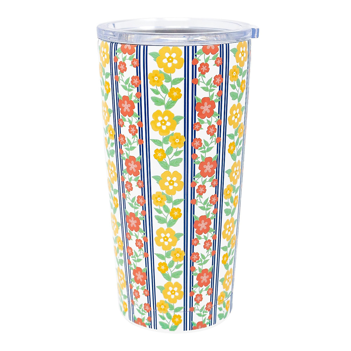 Martha Stewart Insulated Coffee Tumbler, 16 Ounce Stainless Steel Travel Mug with Lid, Double-Wall Design for Hot or Cold Beverages, Floral Stripe