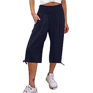 Sales Today Clearance Prime only Womens Scrub Pants Women's High Waisted Capris Solid Slacks Knee Length Casual Loose Wide Leg Capri Palazzo Pants Trousers with Pockets Dark Blue 2XL
