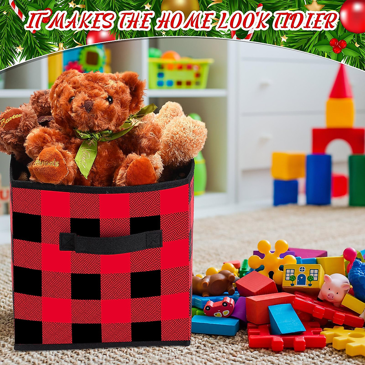Suzile 6 Pcs Buffalo Plaid Storage Bins Christmas 10'' Buffalo Plaid Foldable Fabric Storage Cube with Handles Christmas Basket Storage Box Organizers for Toys Shelf Closet Home Gift(Red and Black)