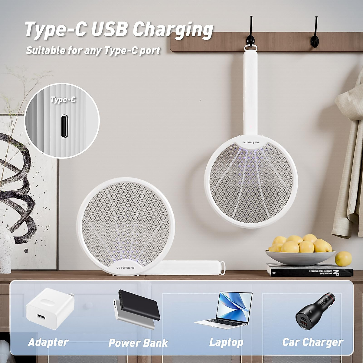 vertmuro Electric Fly Swatter, 4000V Bug Zapper Racket 2-in-1 Foldable Fly Trap with USB Rechargeable Battery, UV Light, Mosquito Killer Zapper for Indoor and Outdoor