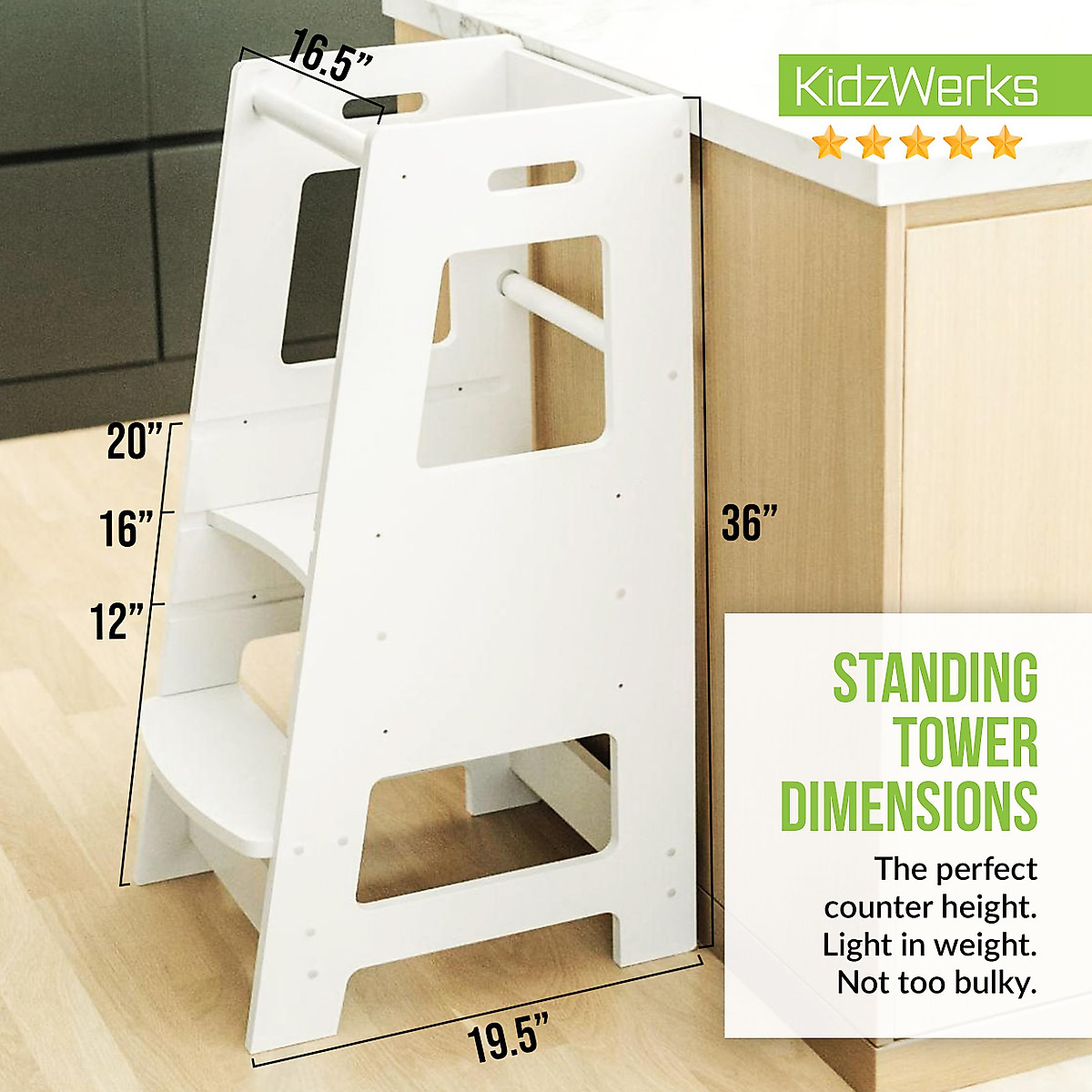 KidzWerks Child Standing Tower Kids Kitchen Step Stool Toddler Wood Stepping Stool - Children's Montessori Stool - Adjustable Platform, White