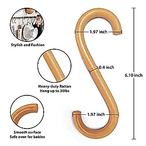 HomeyHandcraft 8 Pack 6 Inch Rattan S Hooks for Hanging, Hangers S Shaped Hooks for Bags, Clothes, Plants, Utensils, Cups, Mugs, Pans, Pots, Kitchenware