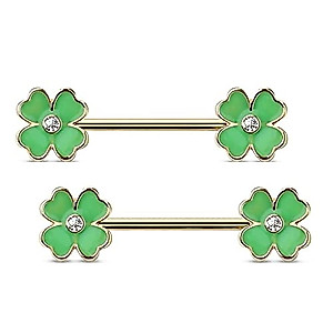 Nipple Ring Double Four Leaf Clover bar Body Jewelry Sold as Pair 14g bar