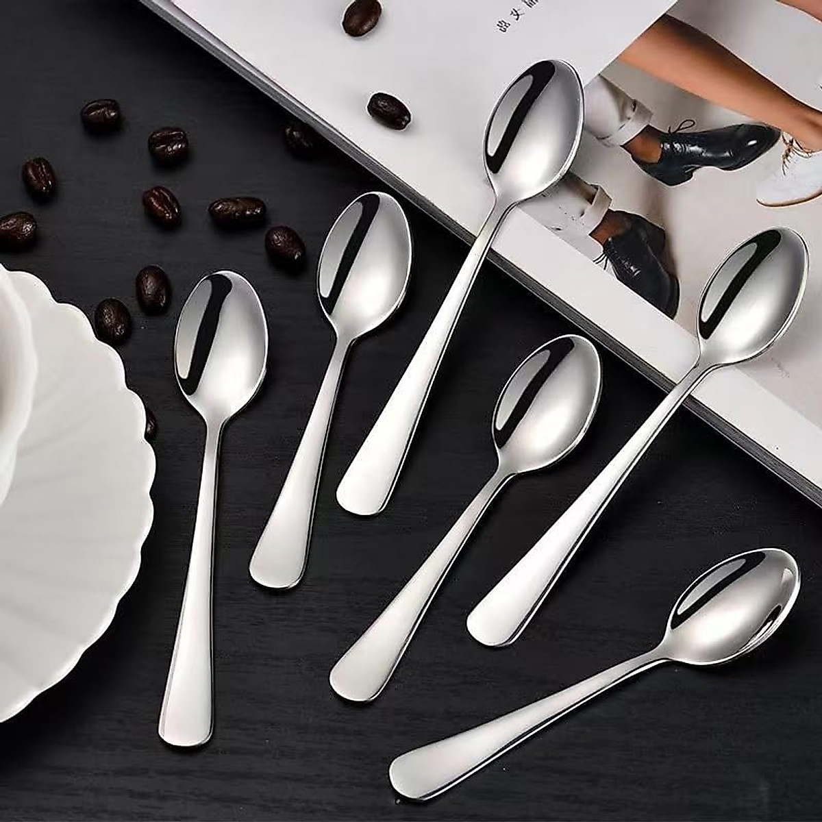 Wesdxc56 Demitasse Espresso Spoons, Mini Coffee Spoon, 4 Inches Stainless Steel Small Spoons for Dessert, Set of 6（Silver)