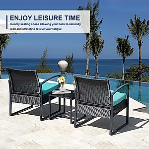 Skyfish 3 Pieces Patio Furniture Set Outdoor Wicker Patio Bistro Set Conversation Rattan Chair Set 3 PCS with Coffee Table for Yard & Bistro (Blue)