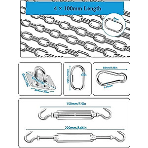 TooTaci Sun Shade Sail Hardware Kit with Chains 1M× 4pcs,Heavy Duty Shade Sail Hardware Kit Rectangle 6 inch with Stainless Steel Hanging Chains 1/8 for Sun Sail Installation,Outdoor Canopy,Pergola