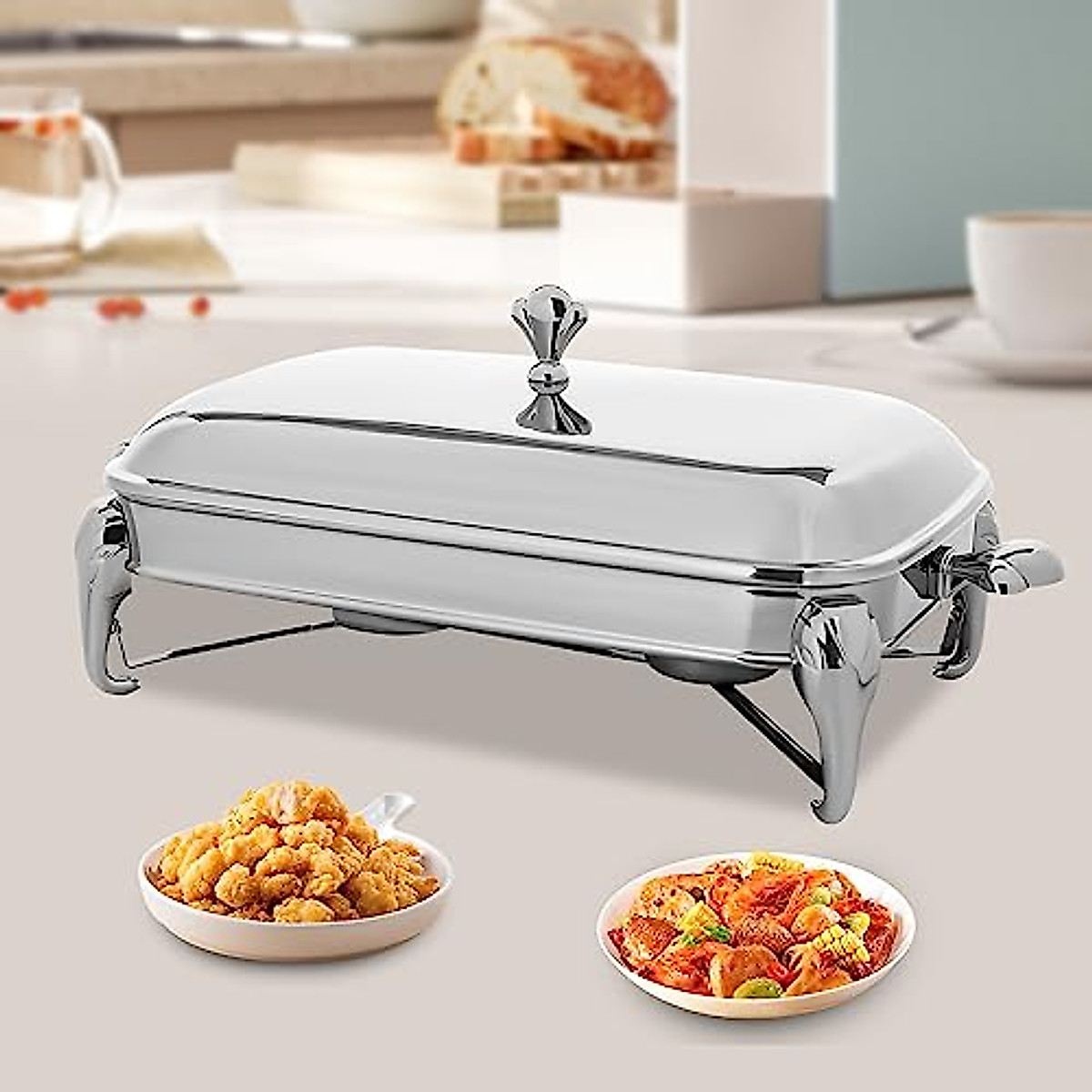 CNCEST 2.9L Chafing Dish Buffet Set Server,Stainless Steel Chafing Dishes Oven Safe Glass Rectangle Food Warmer for Parties (Silver)