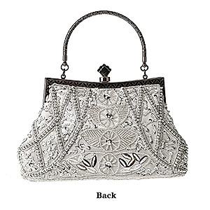 DA BODAN Women's Evening Bag Vintage Beaded Sequin Pearl Clutch Handbag Shoulder Bag Purses for Wedding Bridal Prom Party (Silver)